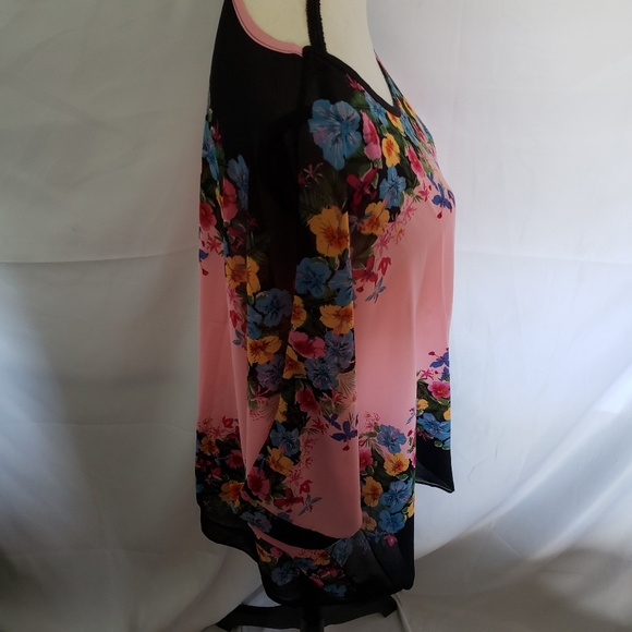 bagsnbistros | Other | Pink Black Floral Flowy Kimono Tunic Blouse ...
